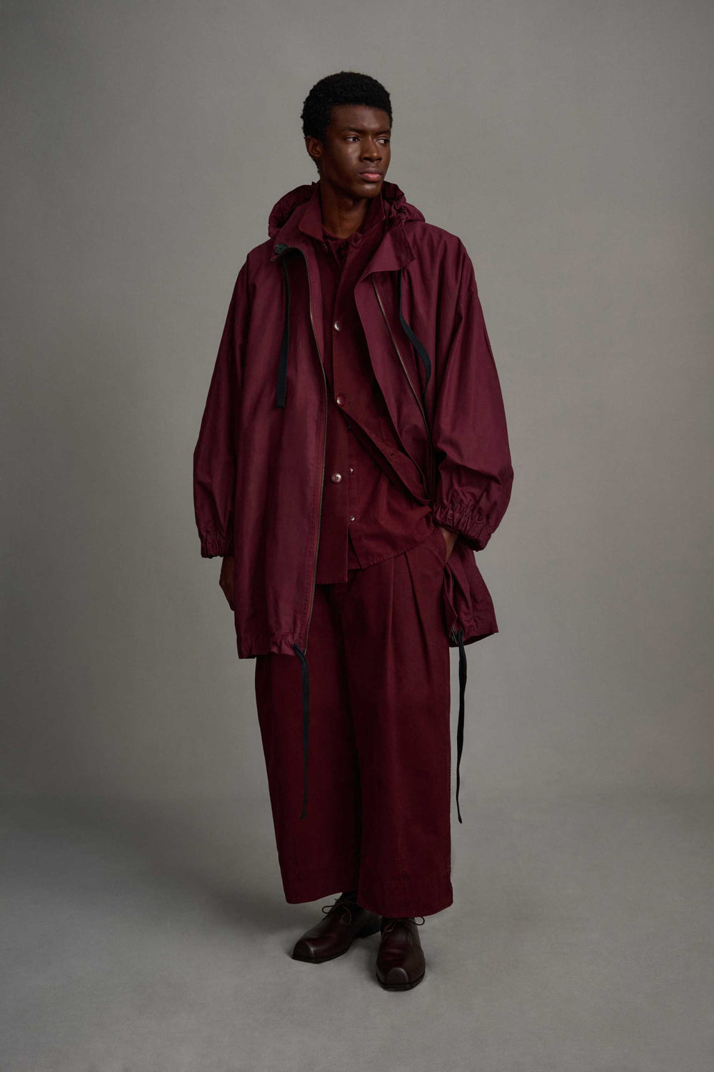 Oversized Shower Proof Hooded Dark Red Coat in 100% Cotton
